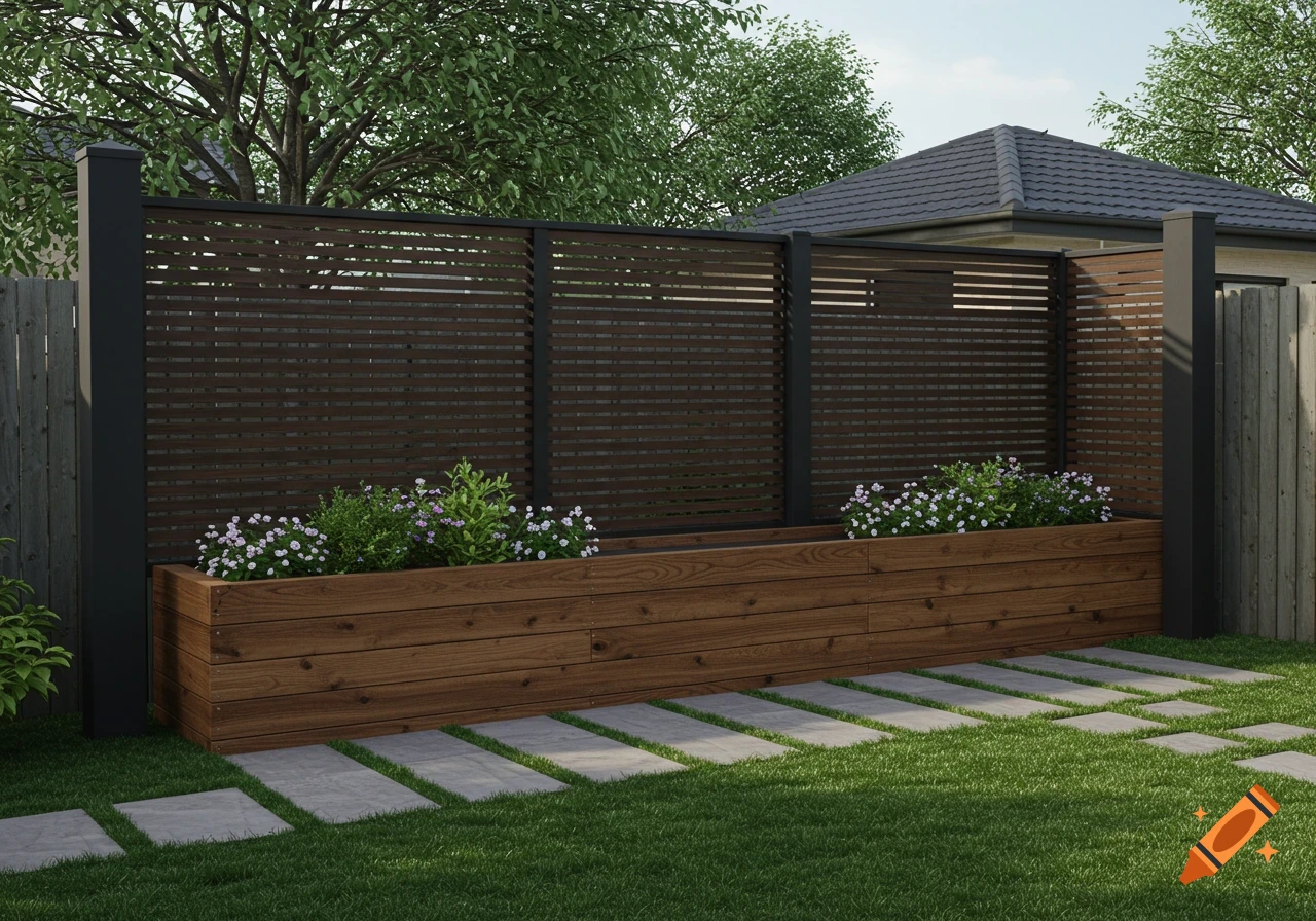 A backyard scene with a wooden planter box filled with flowers, a dark ...