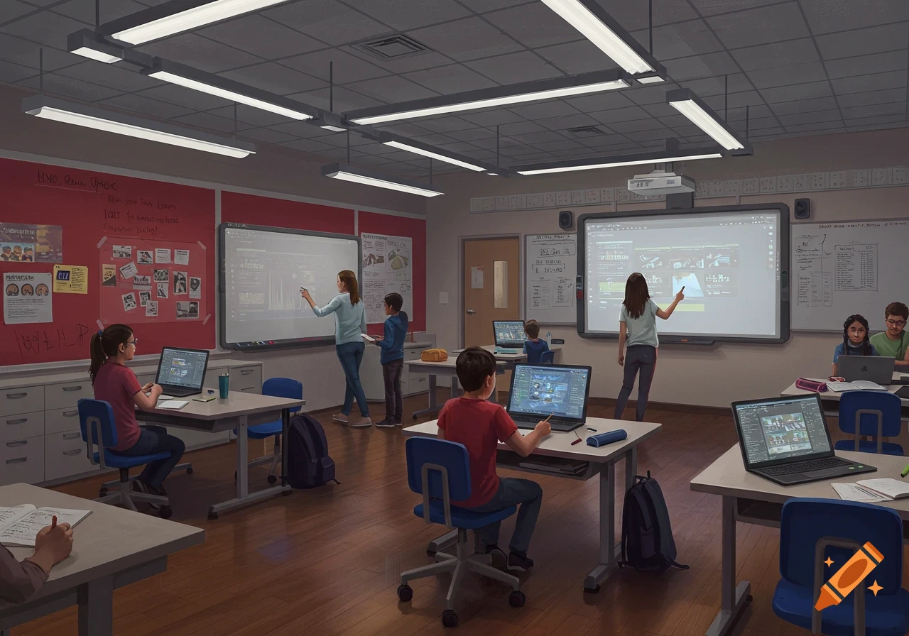 An engaging illustration of a modern classroom with students working on ...