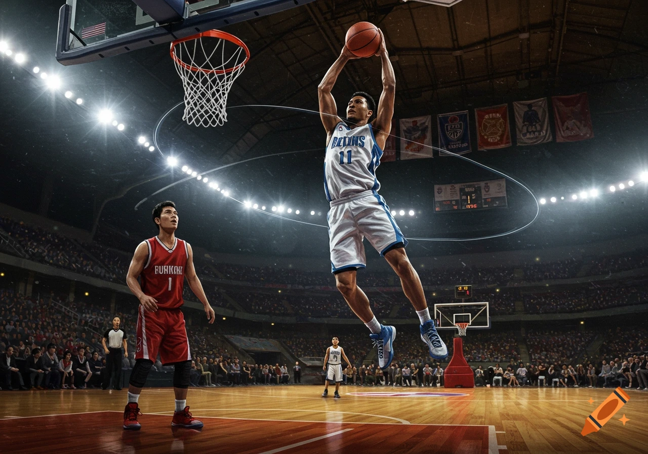 A photorealistic image of a male basketball player dunking in a packed ...