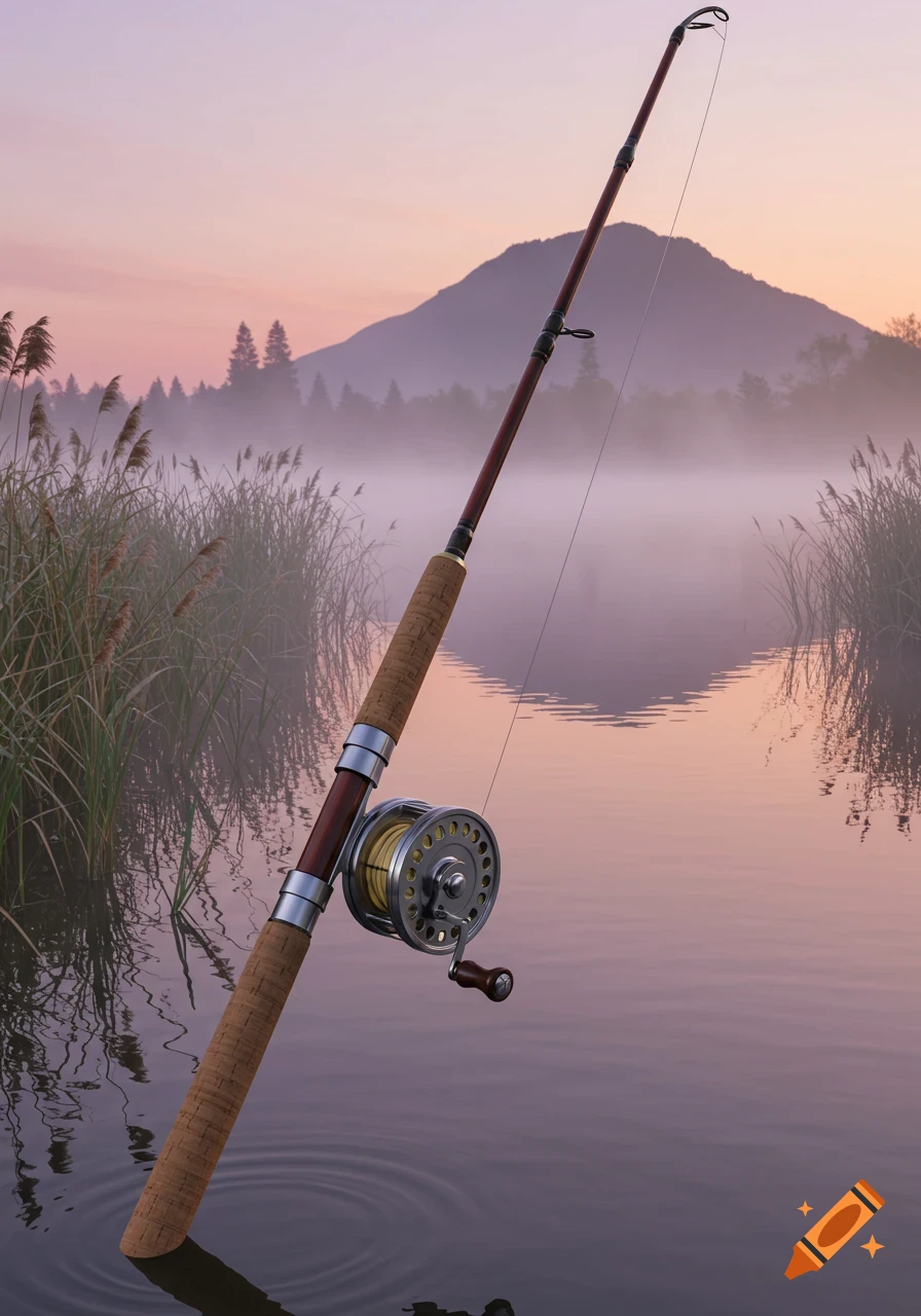 A fishing rod with a reel stands in a misty lake at sunrise with ...