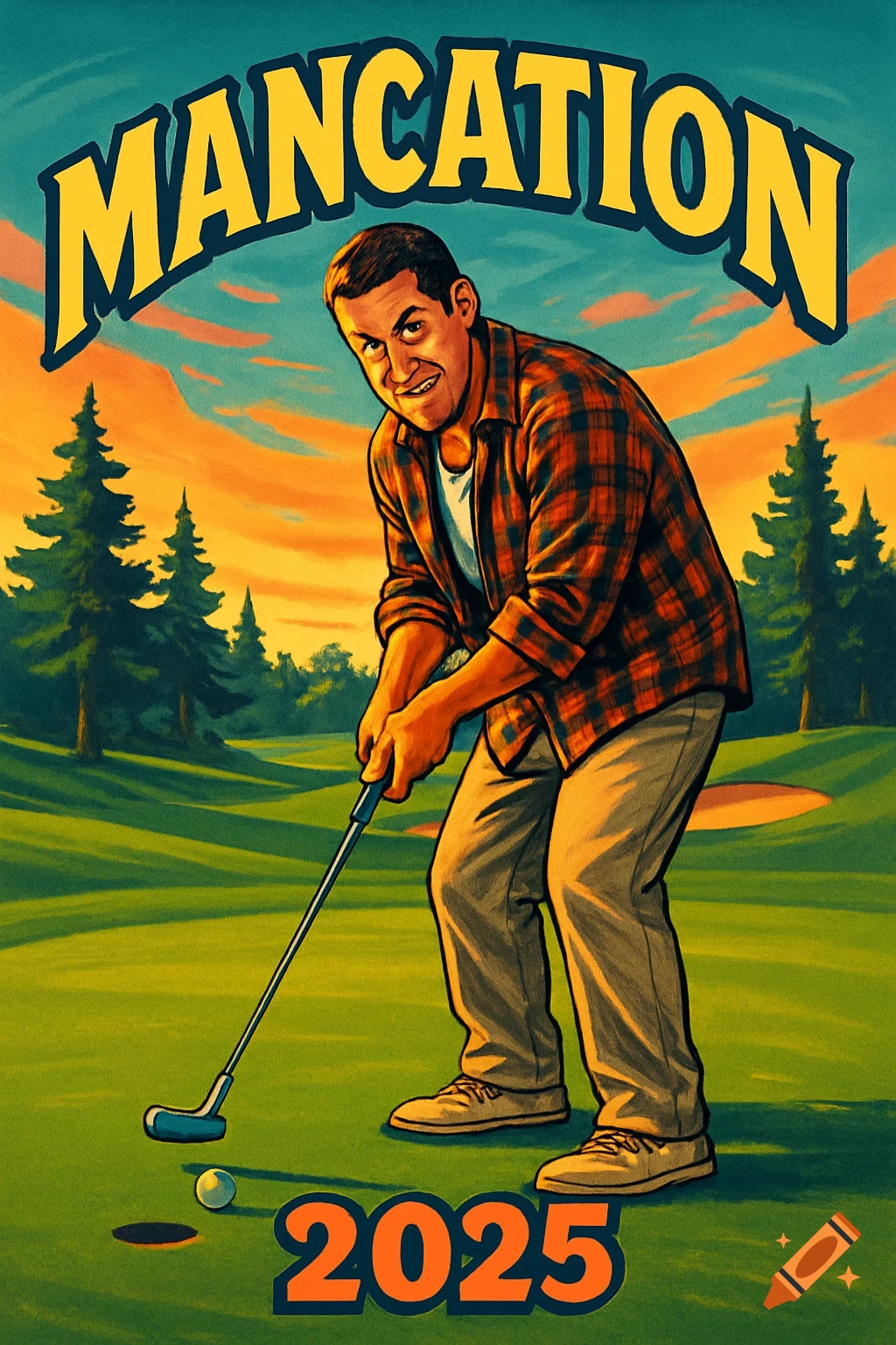 Illustrated poster of a man resembling Happy Gilmore about to putt on a ...