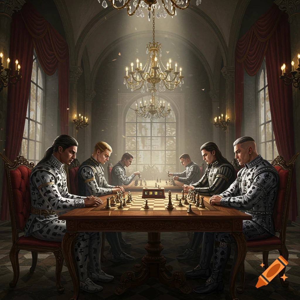 Men in suits play chess in a modern room overlooking the Seattle ...