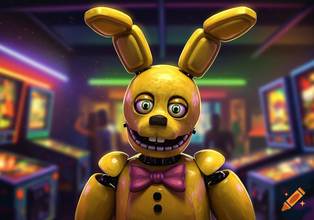 A yellow bunny animatronic with green eyes and a purple bow tie stands ...