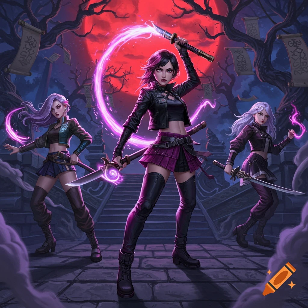 Three stylized female demon hunters with swords and glowing purple ...