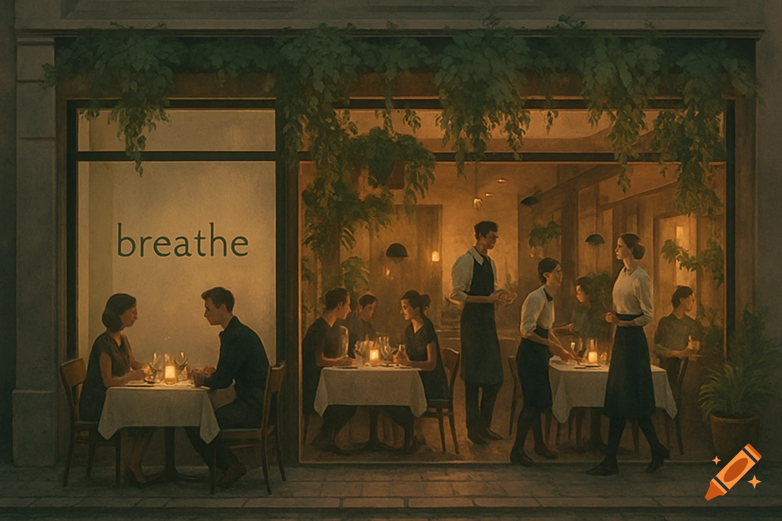 A softly lit restaurant at night, seen through a window, with customers ...