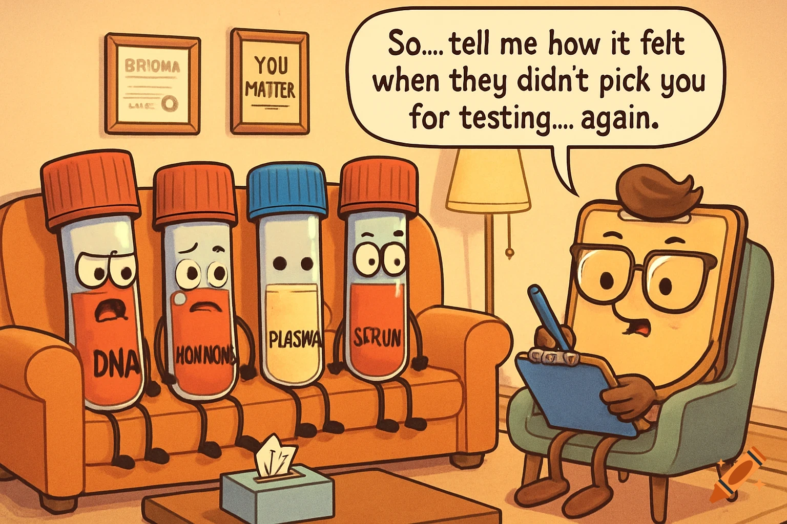 A humorous cartoon shows anthropomorphic blood tubes in a therapy ...