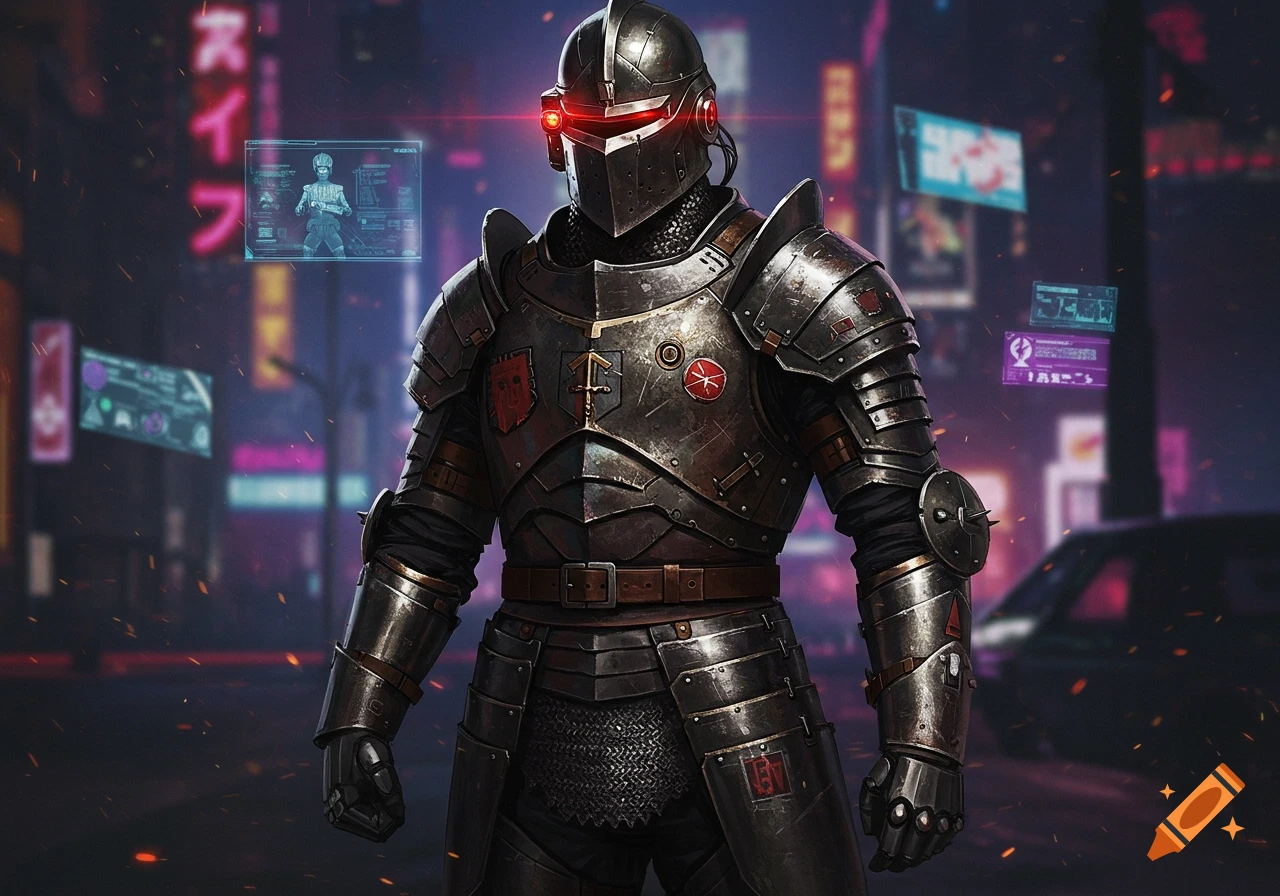 A cyber black knight in weathered futuristic armor with glowing red ...