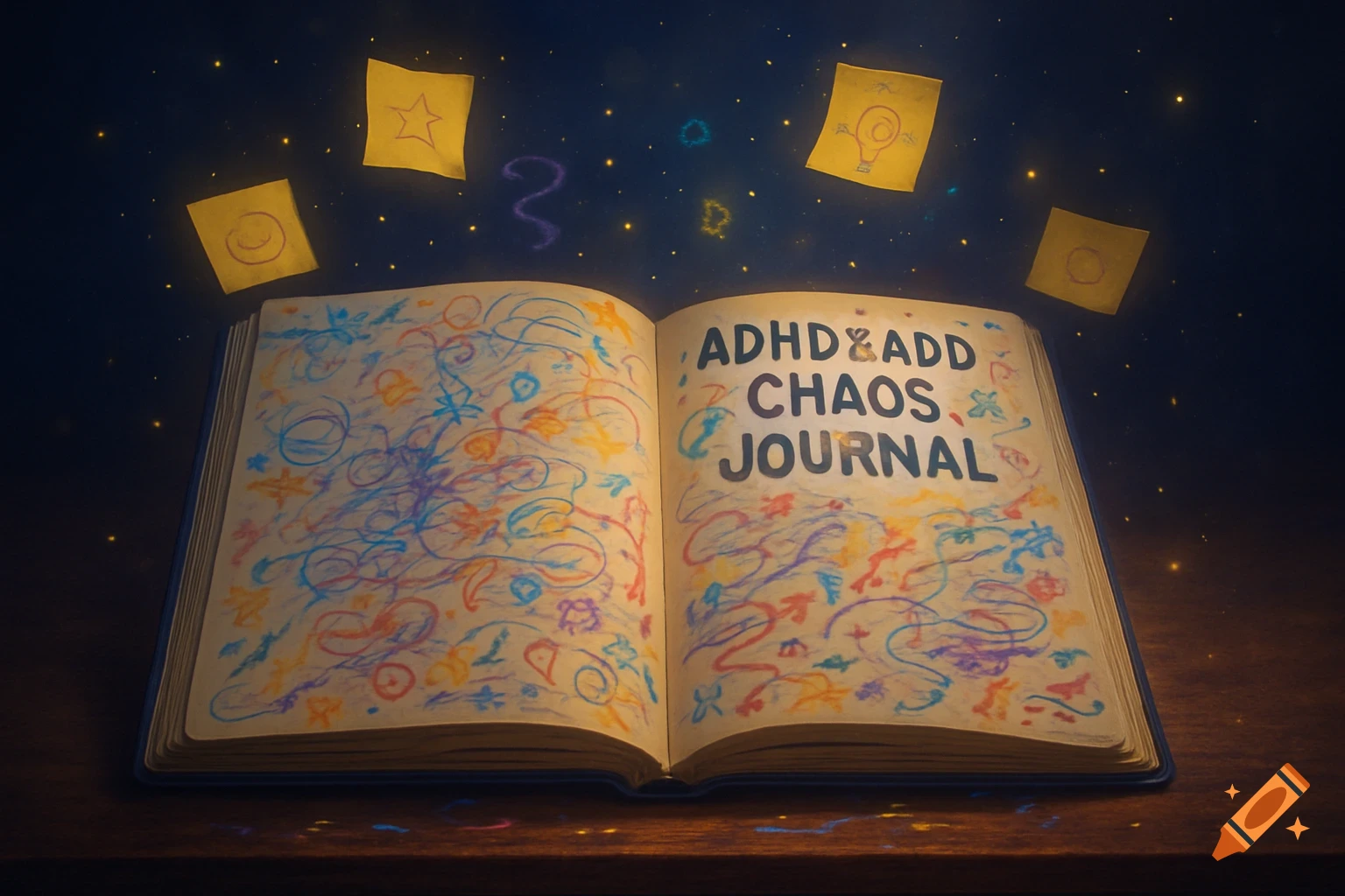 An open journal on a wooden surface, with colorful scribbles on the ...