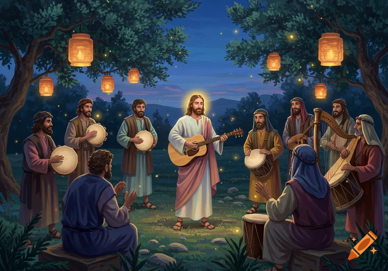 Jesus plays guitar with disciples playing instruments under glowing ...