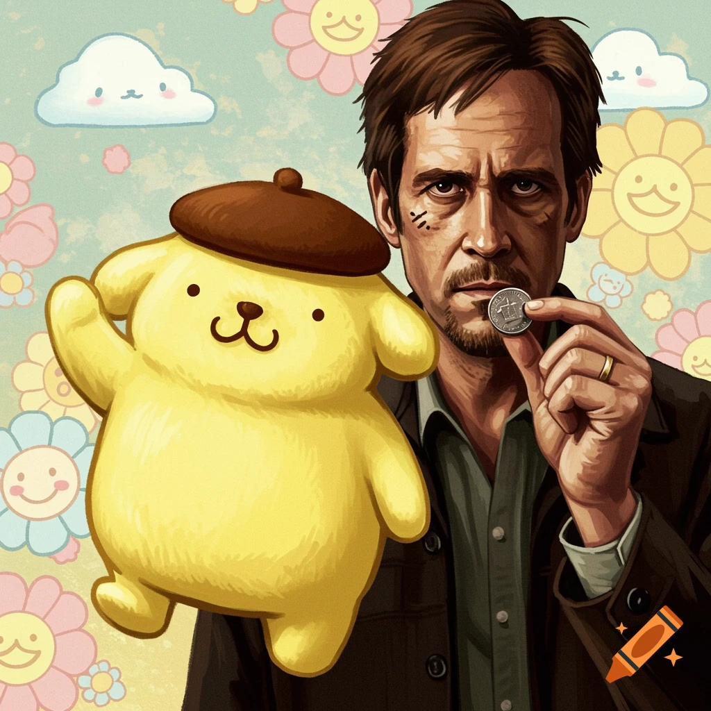 Pompompurin, the yellow Sanrio dog with a brown beret, stands next to ...