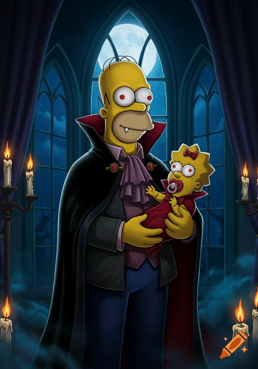 Homer Simpson as a vampire holding a vampire Maggie Simpson in a gothic ...
