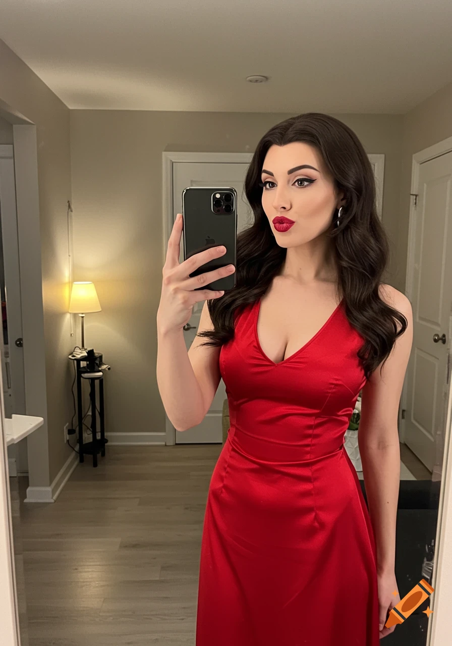 A woman in a red V-neck dress poses for a mirror selfie, looking to the ...