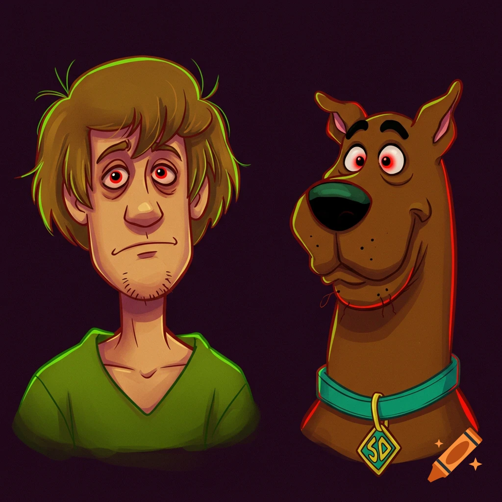An illustration of Shaggy and Scooby-Doo with bloodshot red eyes ...