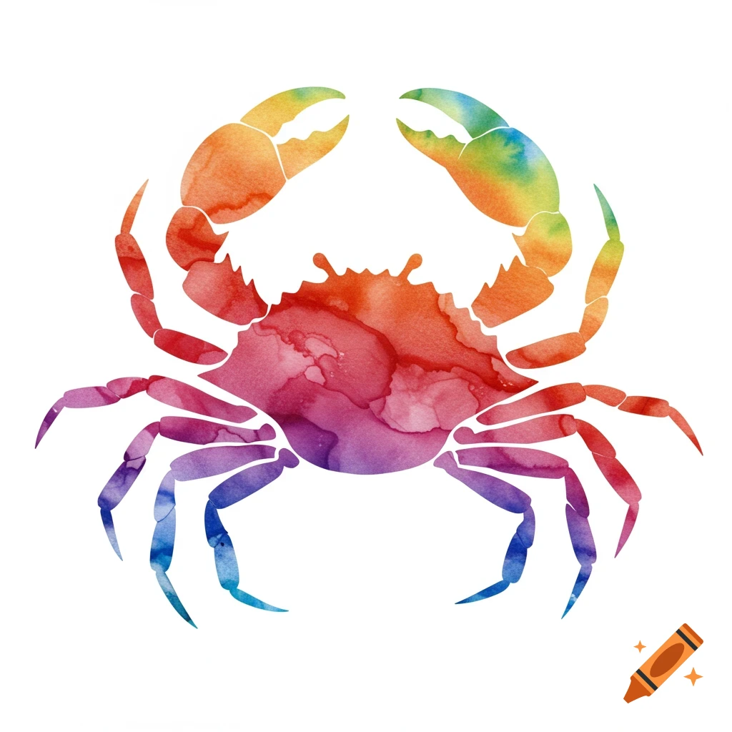 A vibrant watercolor illustration of a crab with rainbow colors on a ...