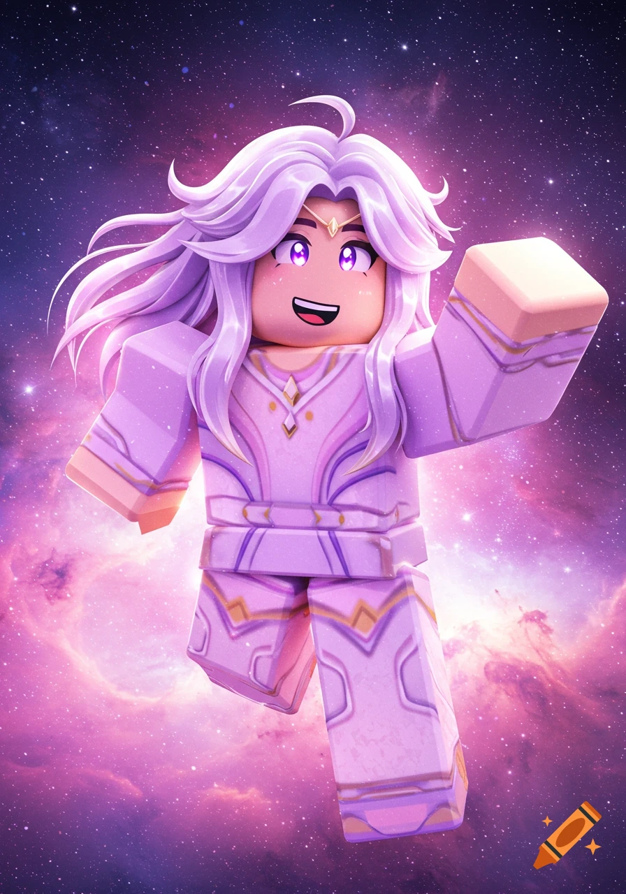 A Roblox-style character with long purple hair and a regal outfit ...