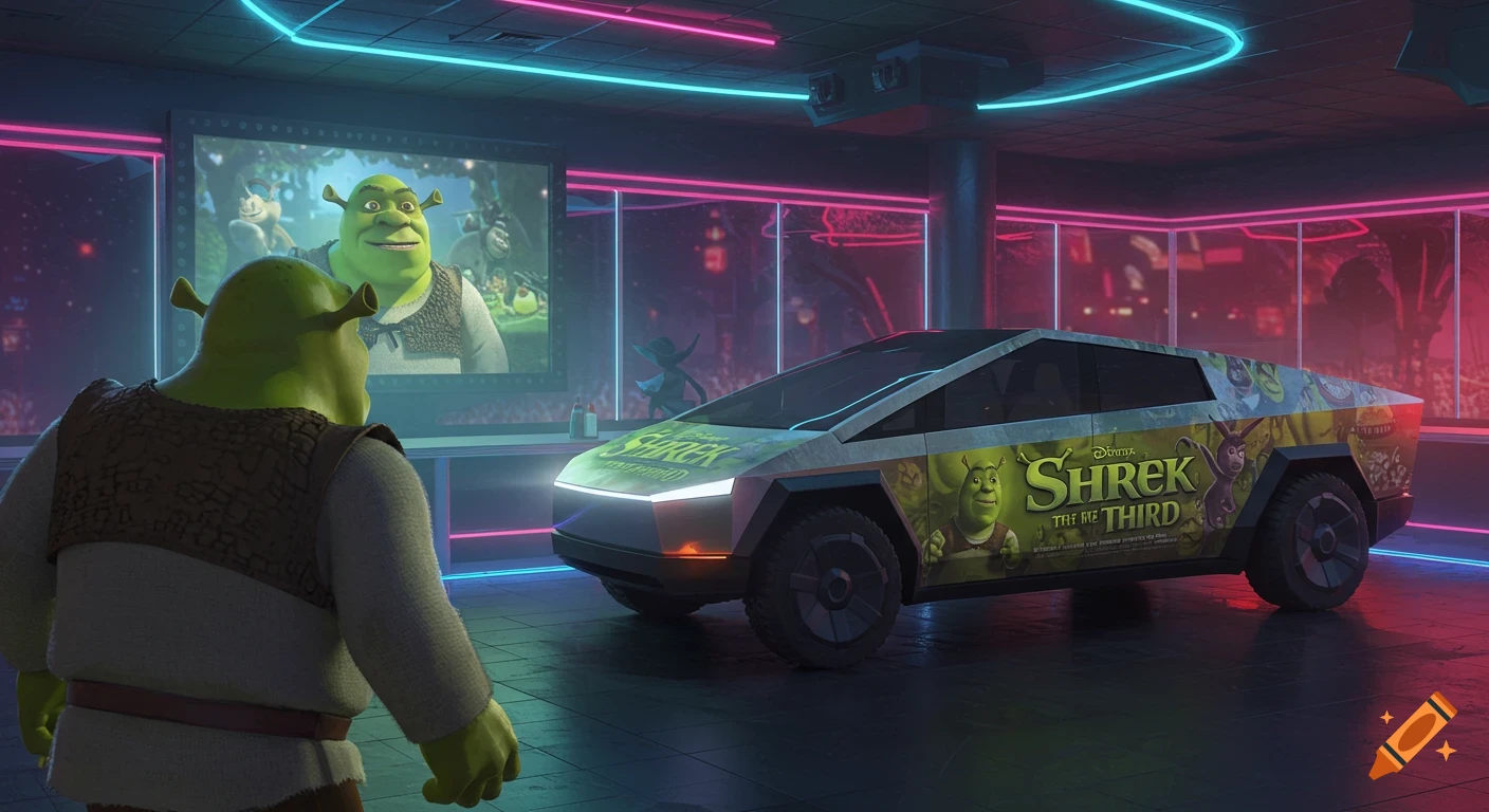 3D animated Shrek standing in a neon-lit diner, looking at a Shrek 3 ...