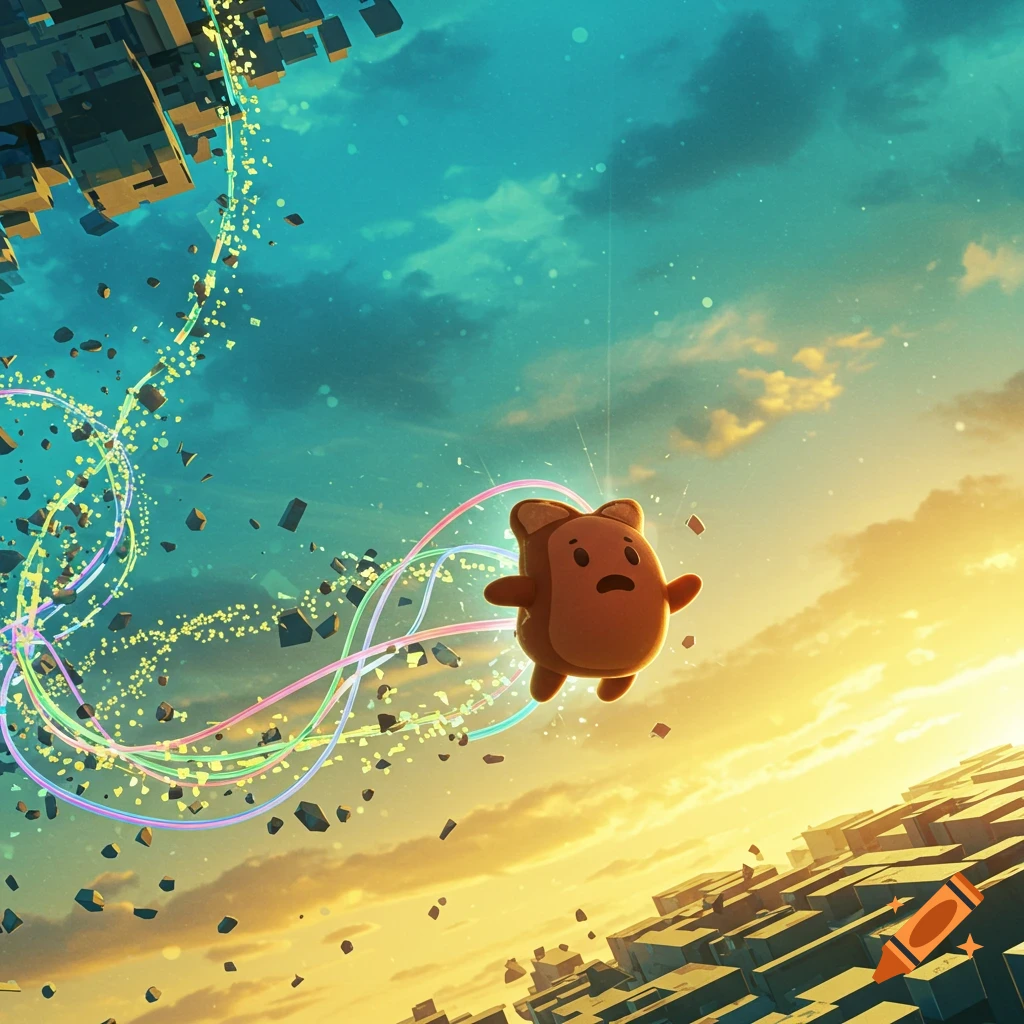 A worried, toast-like cartoon character floats amidst glowing trails ...