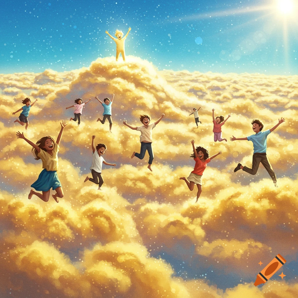 Happy children jump and float on golden, fluffy clouds under a sparkling blue sky with a glowing ...