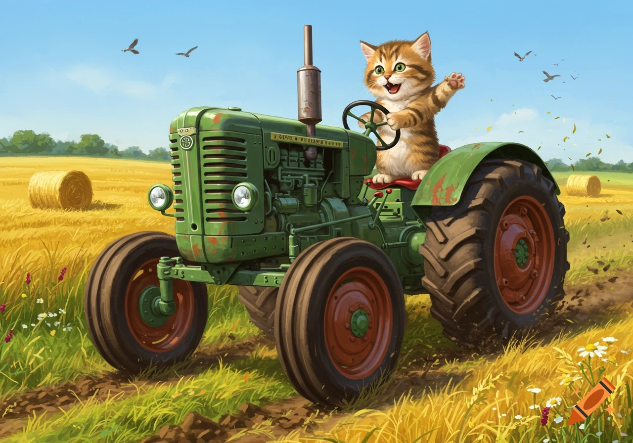 A cute tabby kitten drives a green tractor through a golden field with ...