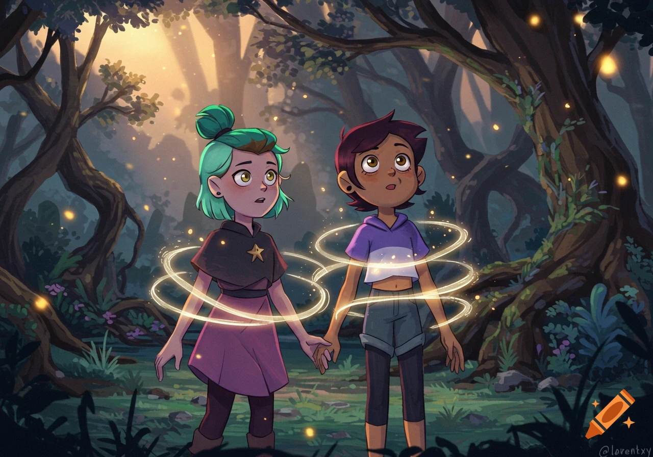 Two animated girls, Luz and Amity, hold hands, surrounded by swirling ...