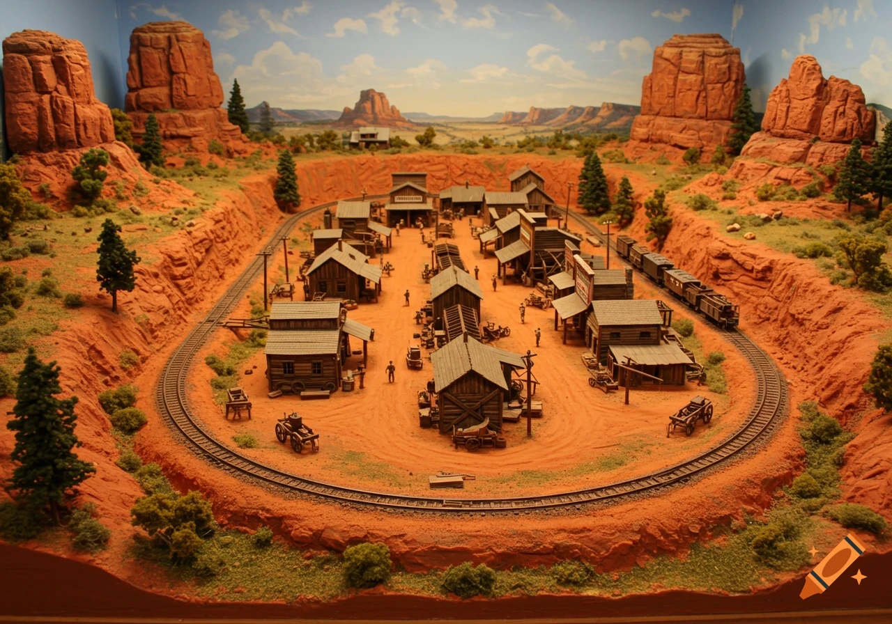 A detailed diorama of an 1880s Western town in a red rock desert, with ...
