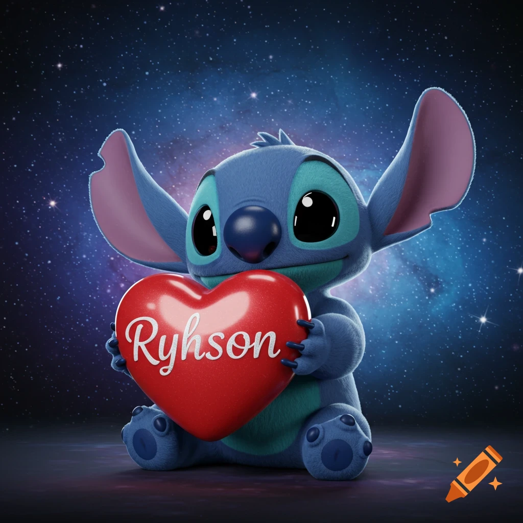 A cute 3D rendered Stitch holding a red heart with the name 'Ryhson ...