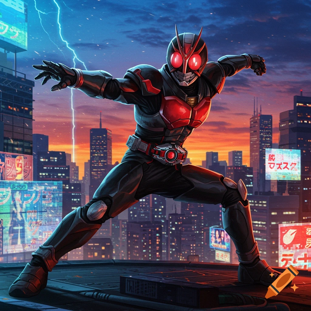 A Kamen Rider in black and red armor with glowing red eyes poses on a ...