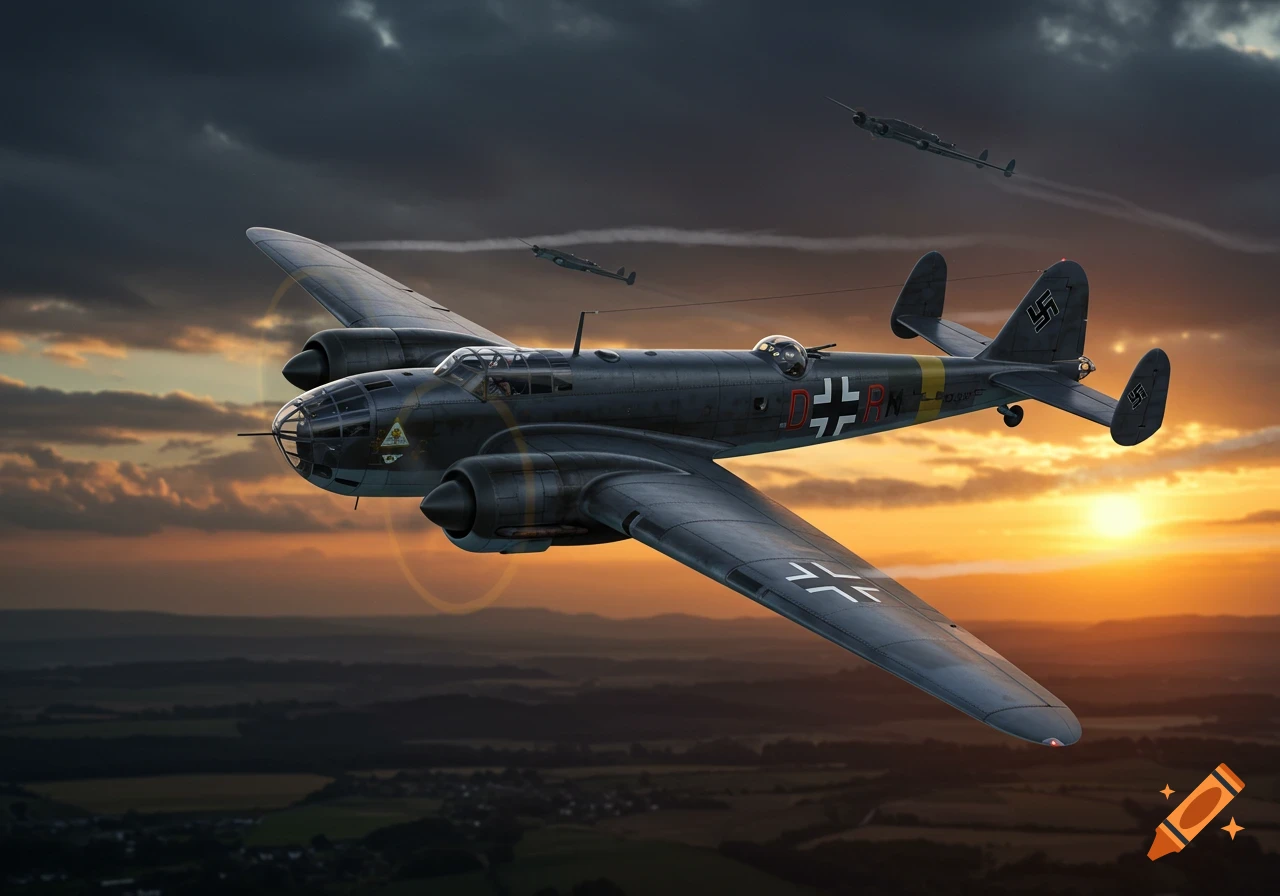Photorealistic depiction of German WWII bombers flying at sunset over a ...