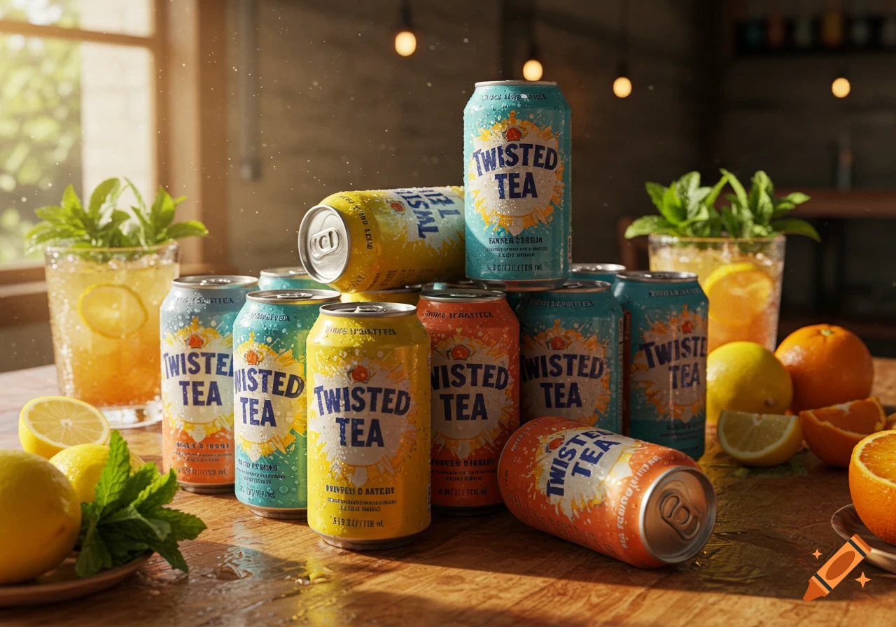 A vibrant still life image featuring multiple cans of Twisted Tea in ...