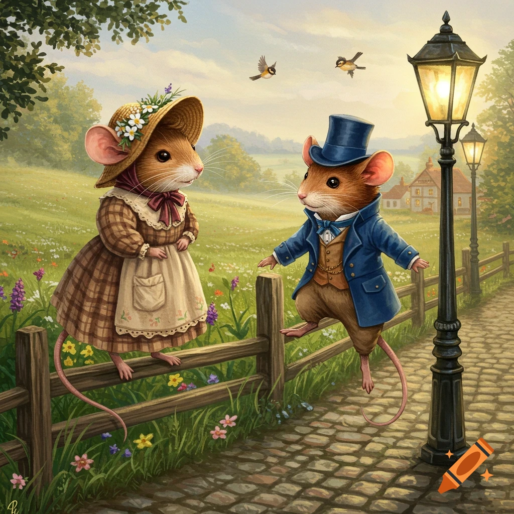 A female country mouse in a brown plaid dress and bonnet stands on a ...