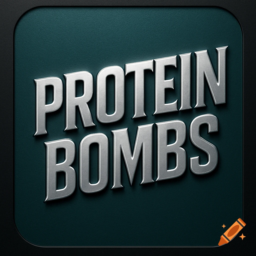 Silver metallic text 'PROTEIN BOMBS' on a dark teal textured background ...