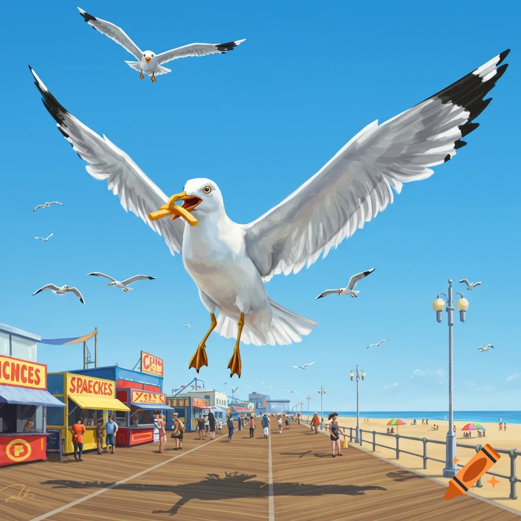 A giant cartoon seagull flies over a bustling boardwalk, holding stolen french fries in its beak ...