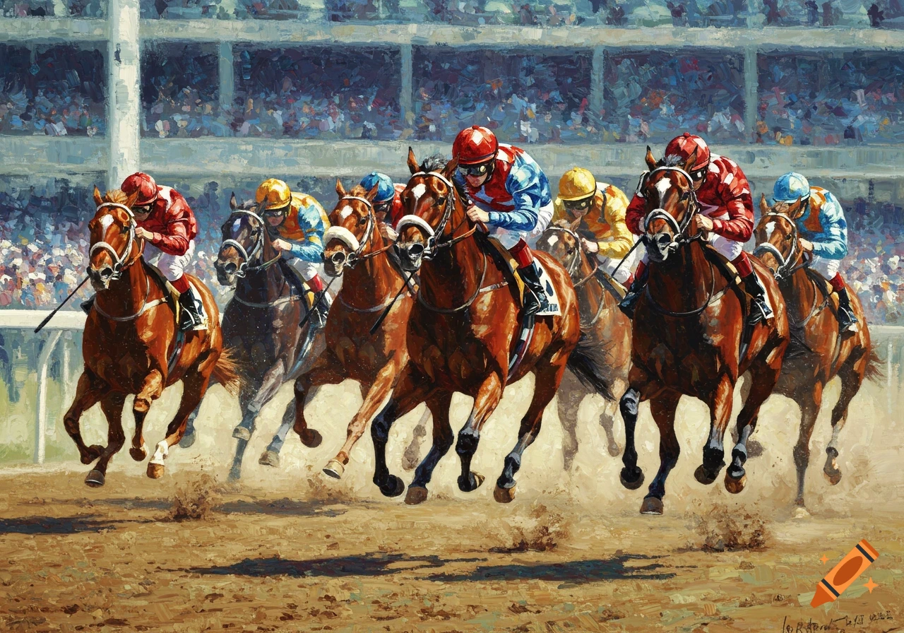 A vibrant expressionist painting captures jockeys and thoroughbred ...