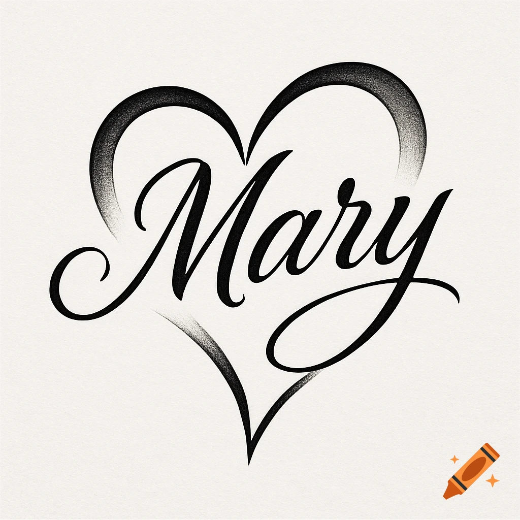 Black script lettering of the name Mary within a black heart outline ...
