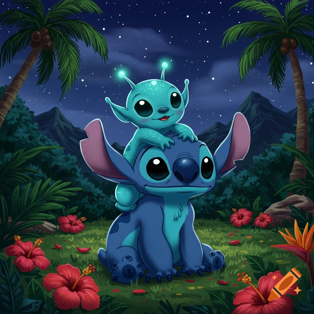 An evil-looking Stitch with red eyes and sharp teeth holds a glowing ...