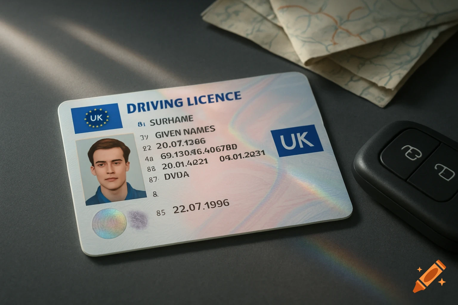 A close-up, photorealistic image of a UK driving license for John Smith ...