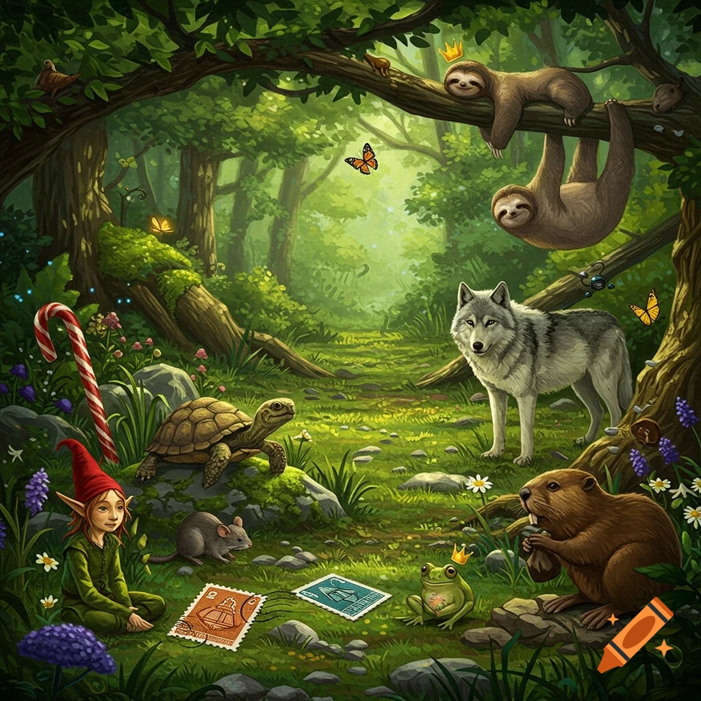 A whimsical forest scene with an elf, wolf, sloths, turtle, mouse, frog ...