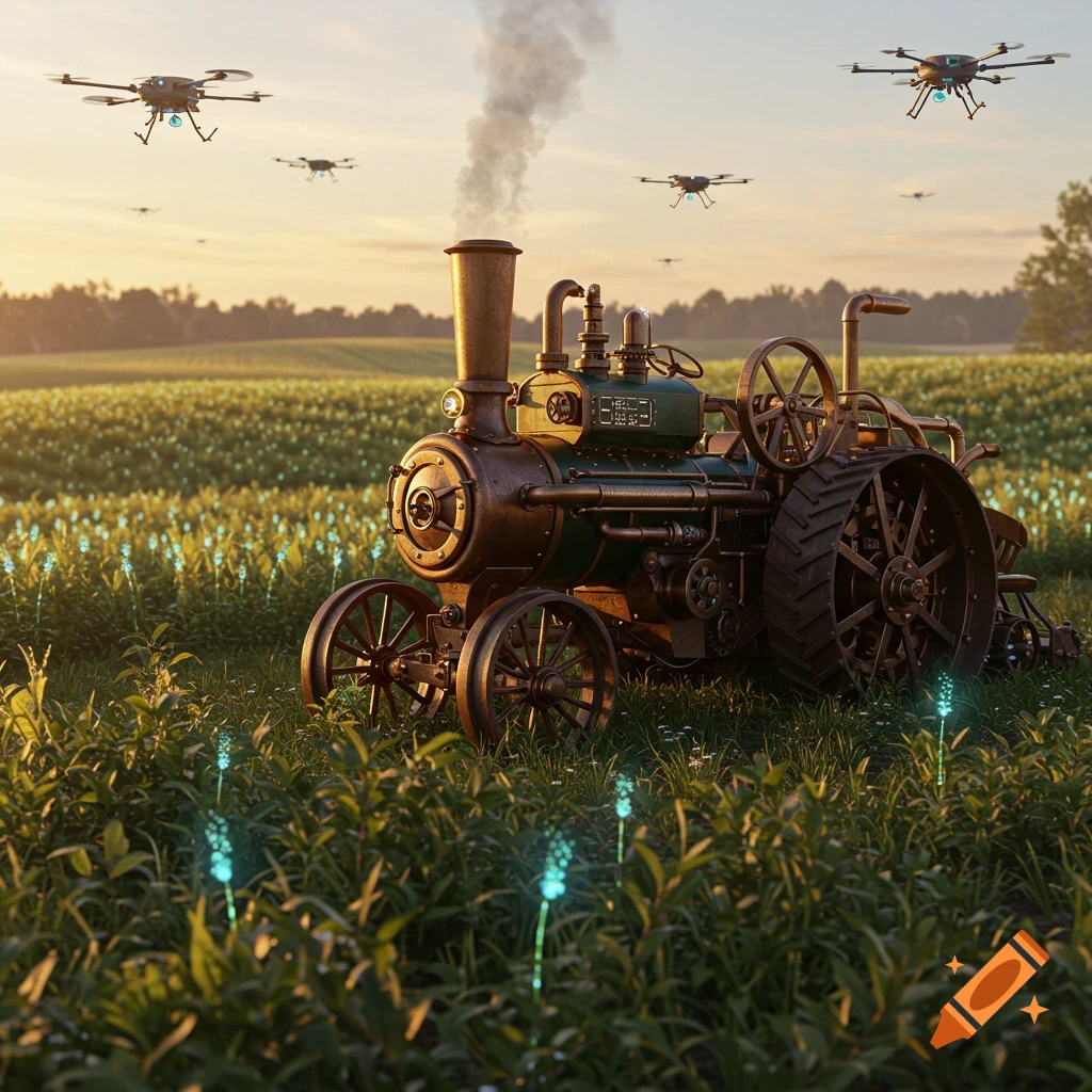 A steampunk tractor with steam in a field under a sunset sky, with ...