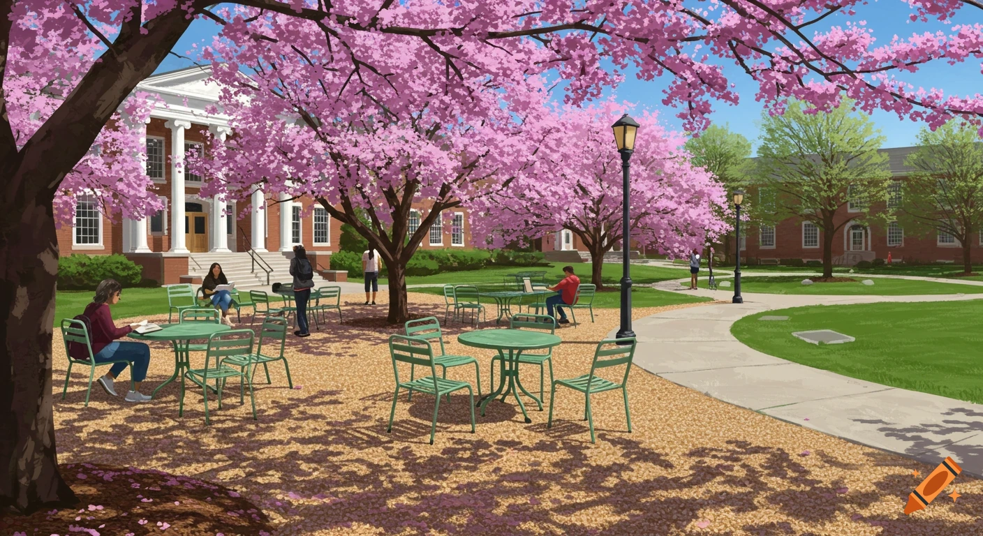 An illustration of a university campus in spring with pink flowering ...