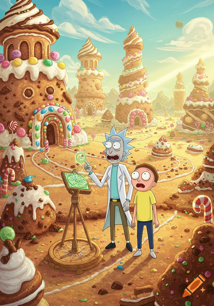 Rick and Morty stand in a colorful, whimsical world made of cookies ...