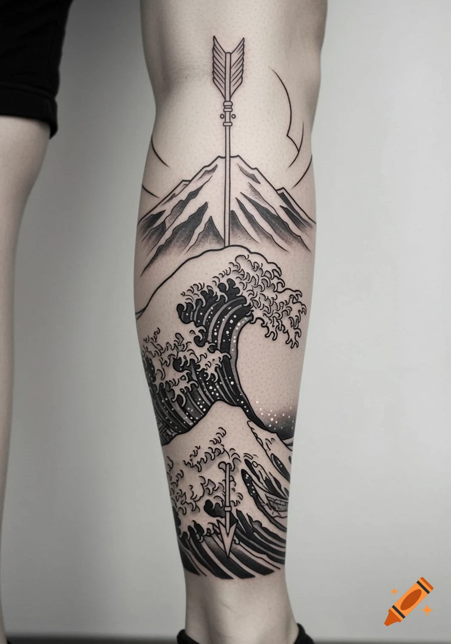 A minimalist blue wave tattoo on an arm, with stylized forms subtly ...