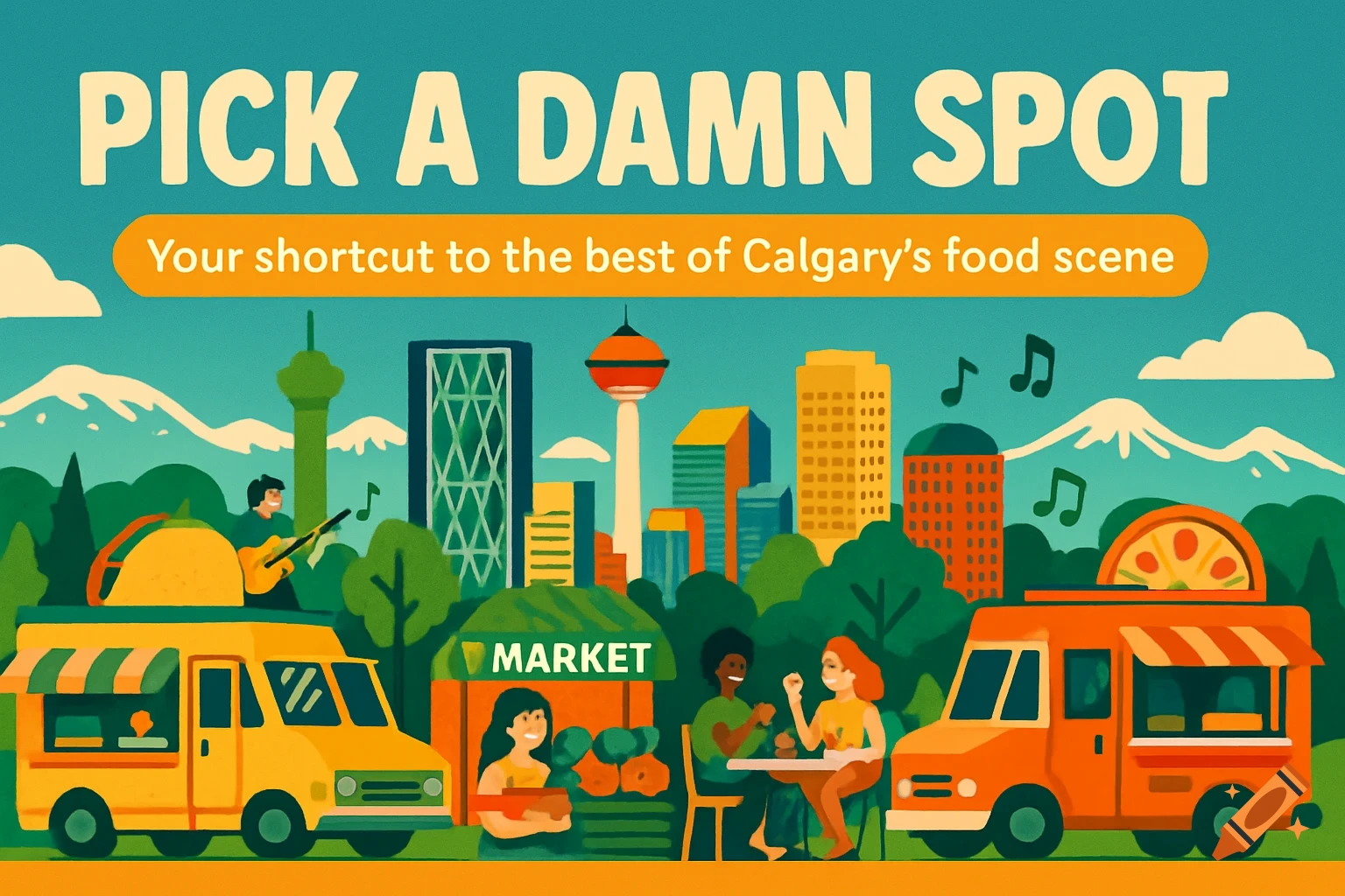 Colorful illustration of Calgary's food scene with food trucks, people ...