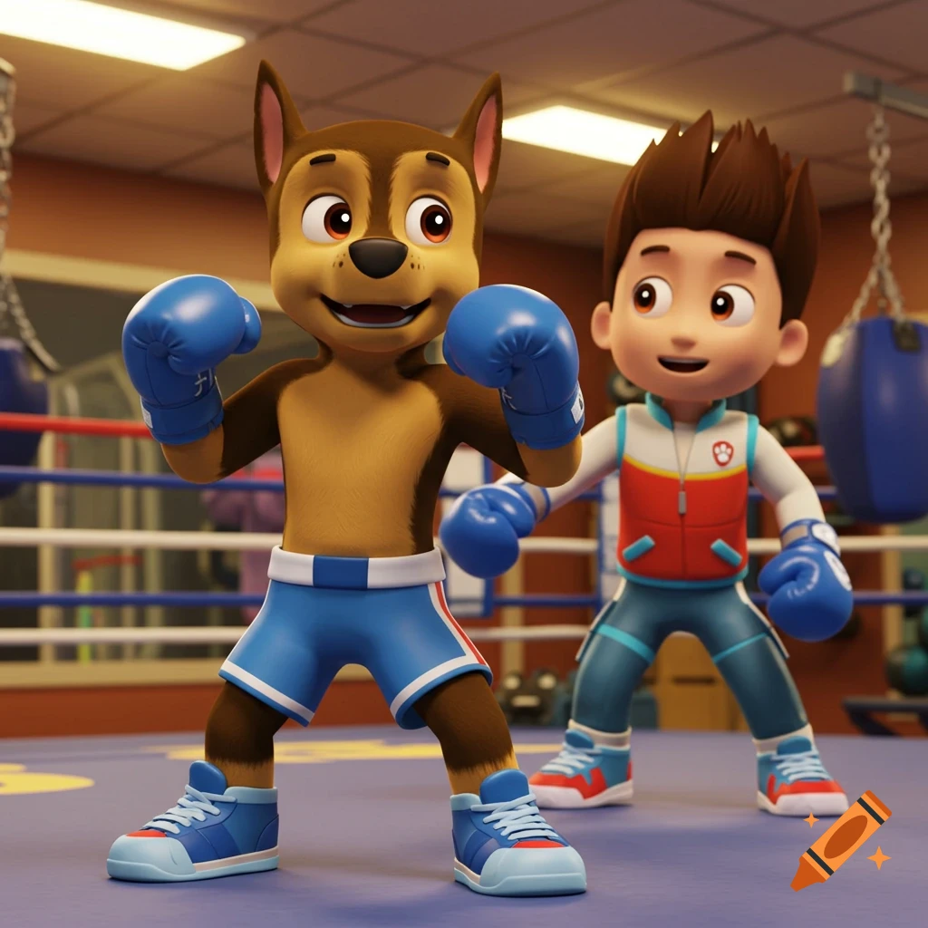 Cartoon dog Chase and boy Ryder from Paw Patrol in a boxing gym, both ...