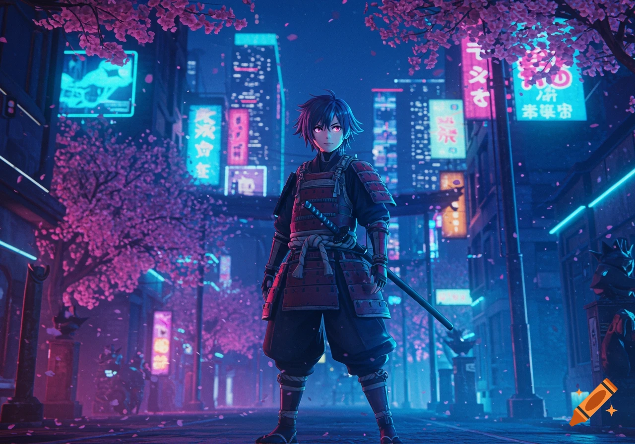 Anime character in samurai armor stands in a neon-lit cyberpunk city ...