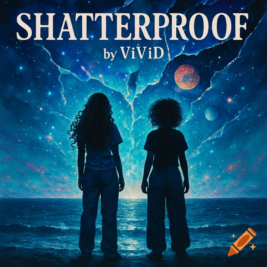 Two silhouetted girls stand by a glittering ocean, looking at a starry ...