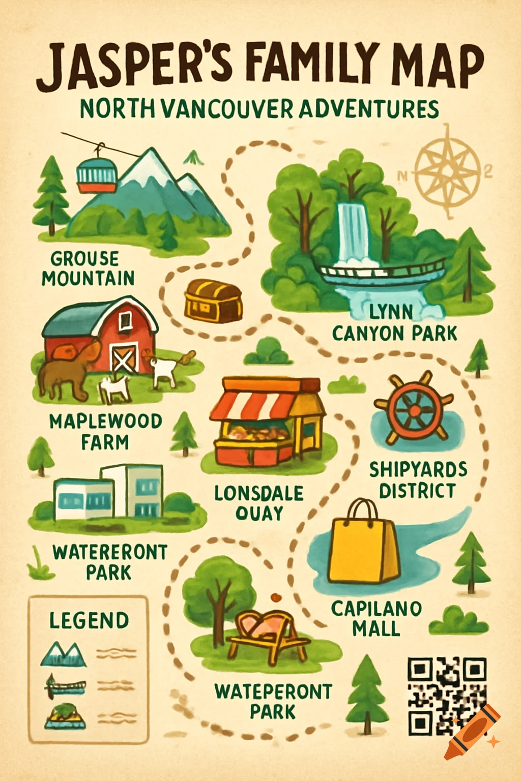 A colorful, illustrated family adventure map of North Vancouver with various landmarks connected ...