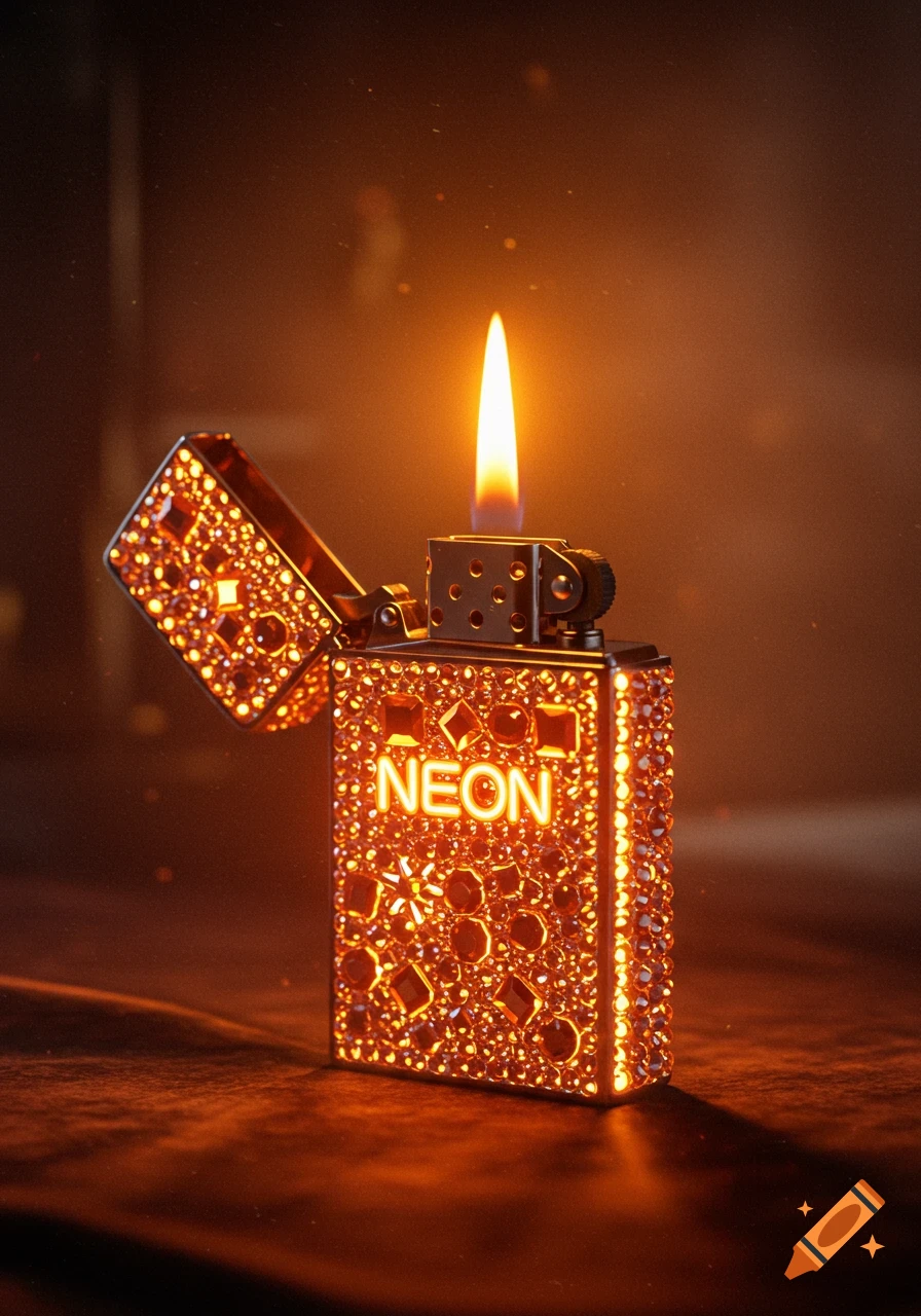 A close-up, photorealistic image of a bedazzled lighter with a flame ...