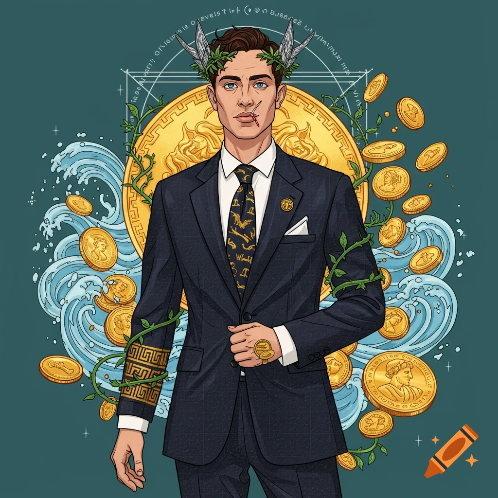 A stylized illustration of a man in a dark suit with a patterned tie, a ...