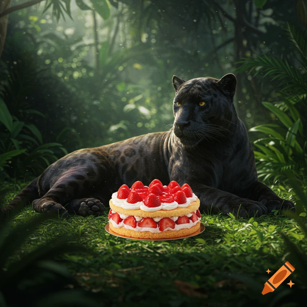 A black panther lying in a lush jungle next to a strawberry shortcake ...