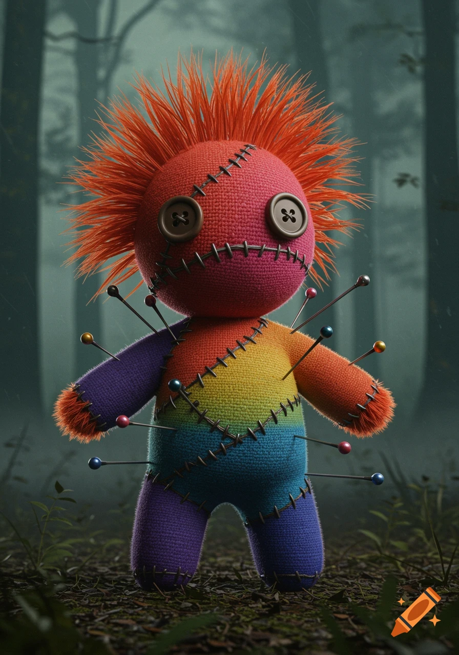 A colorful, rainbow voodoo doll with button eyes and orange spiky hair ...